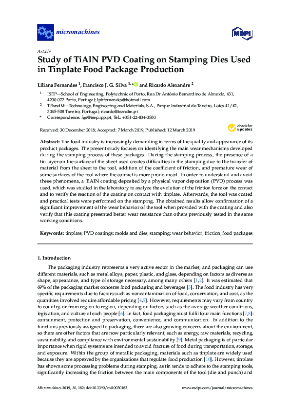 (PDF) Study of TiAlN PVD Coating on Stamping Dies Used in Tinplate Food ...