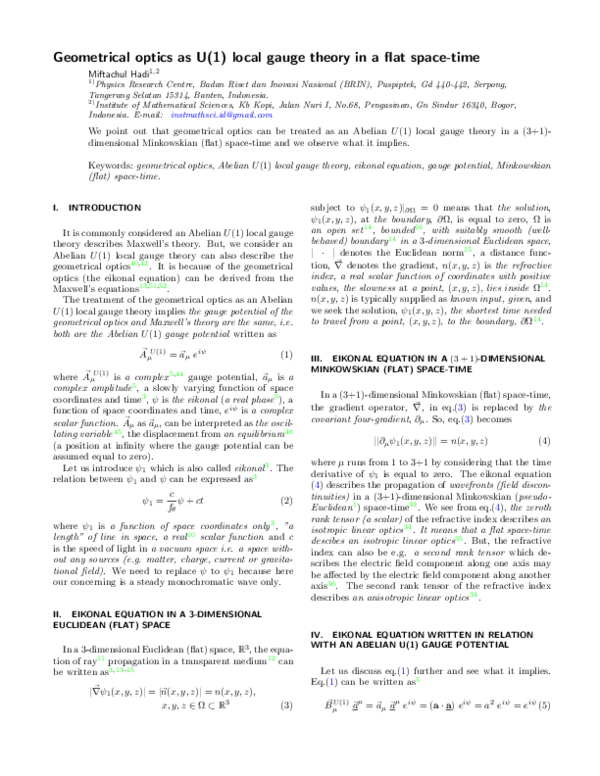 (PDF) Geometrical optics as U(1) local gauge theory in a flat space ...