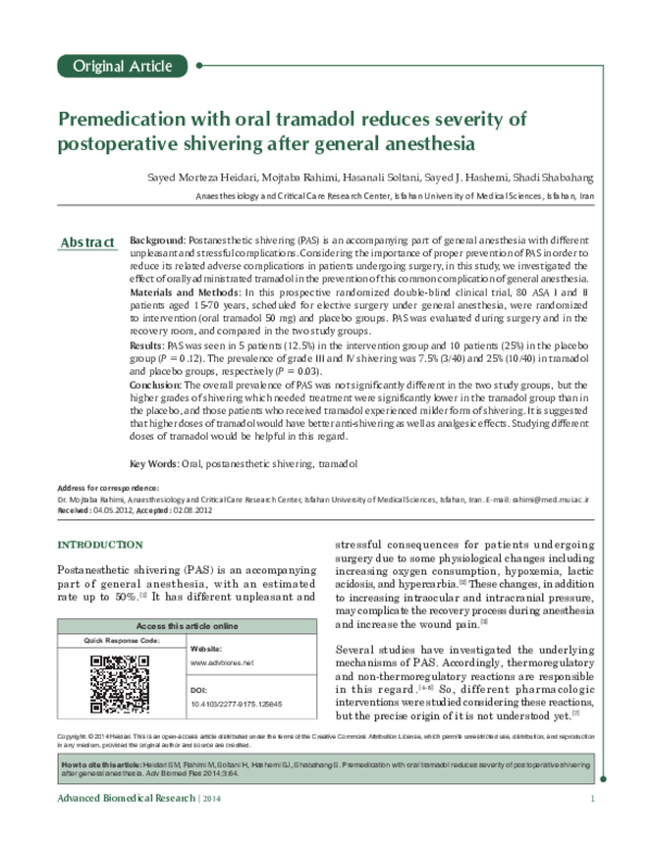 (PDF) Premedication with oral tramadol reduces severity of ...