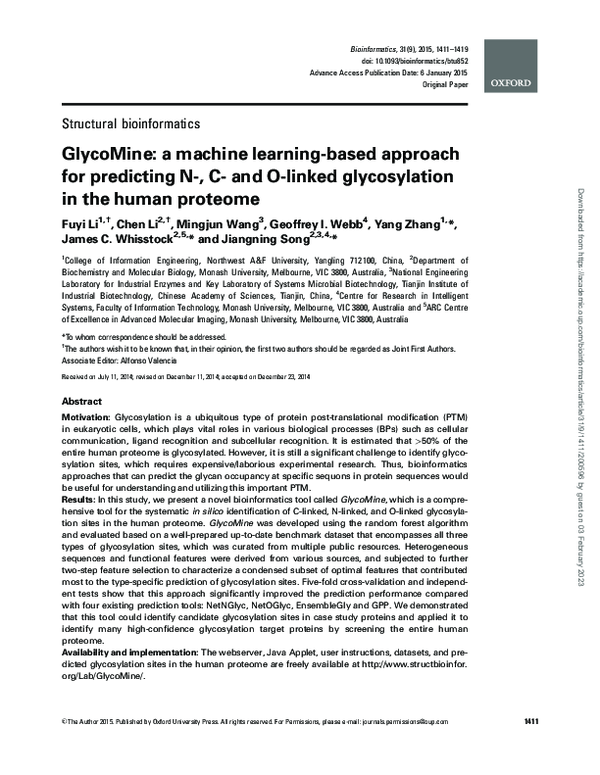 (PDF) GlycoMine: a machine learning-based approach for predicting N-, C ...
