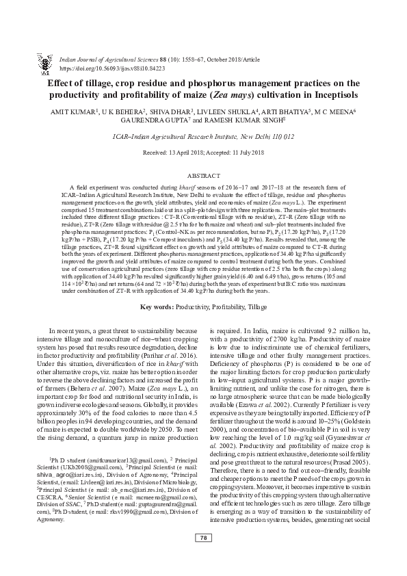 (PDF) Effect of tillage, crop residue and phosphorus management practices on the productivity ...
