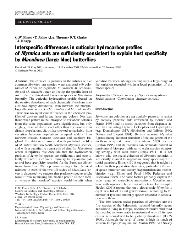 (PDF) Interspecific differences in cuticular hydrocarbon profiles of Myrmica ants are ...