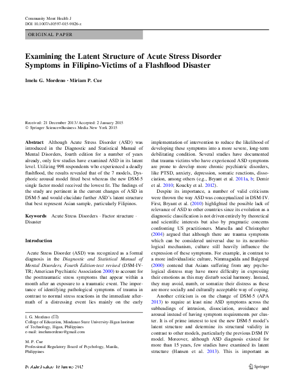 (PDF) Examining the Latent Structure of Acute Stress Disorder Symptoms ...