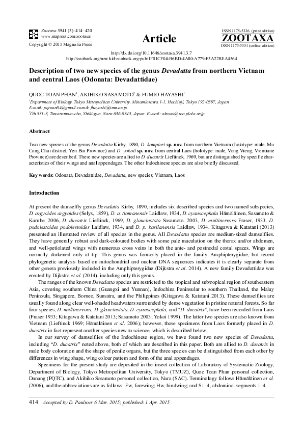 (PDF) Description of two new species of the genus Devadatta from northern Vietnam and central ...