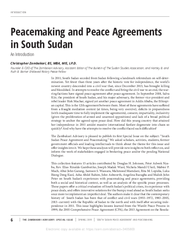 (PDF) Peacemaking and Peace Agreements in South Sudan: An Introduction