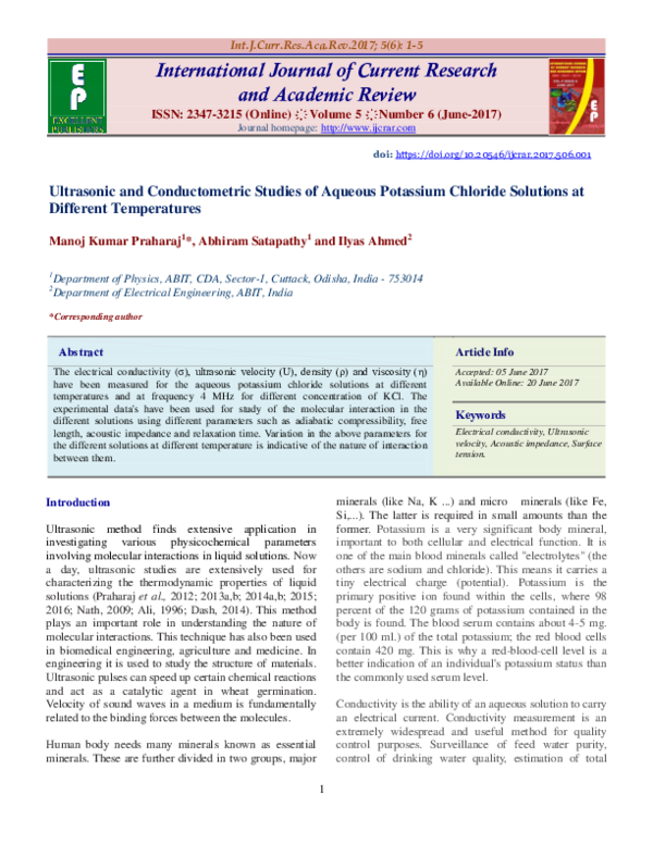 (PDF) Ultrasonic and Conductometric Studies of Aqueous Potassium ...