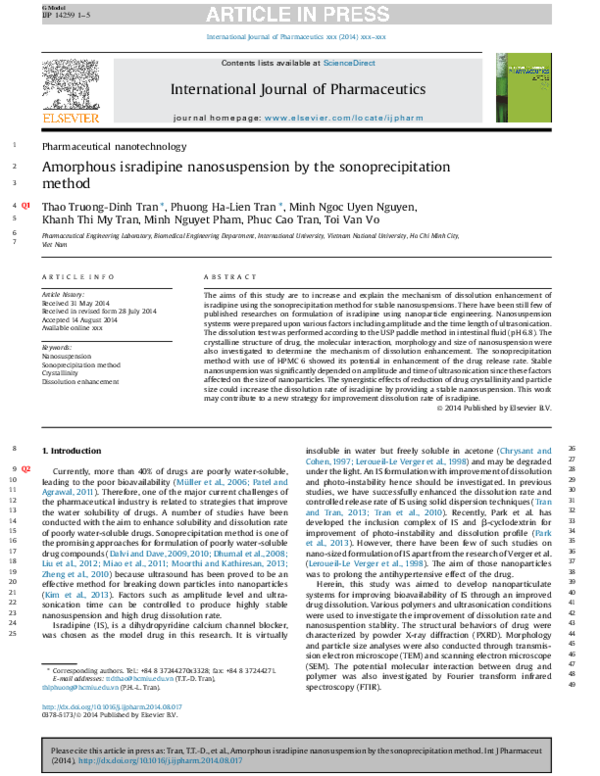 (PDF) Amorphous isradipine nanosuspension by the sonoprecipitation method