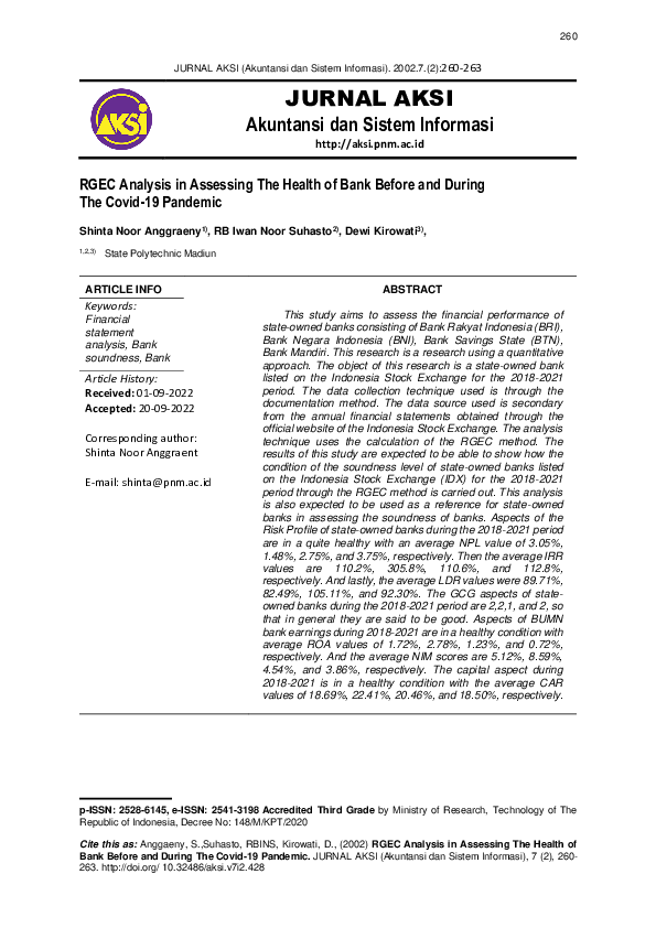 (PDF) RGEC Analysis in Assessing The Health of Bank Before and During ...