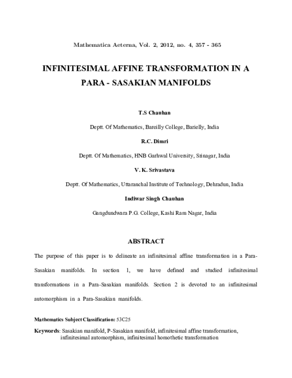 (PDF) Infinitesimal Affine Transformation in a Para - Sasakian Manifolds