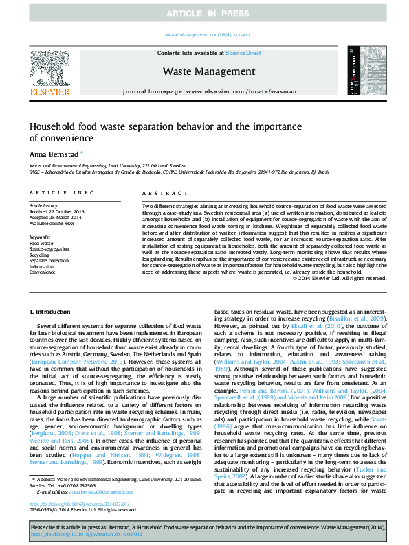 (PDF) Household food waste separation behavior and the importance of ...