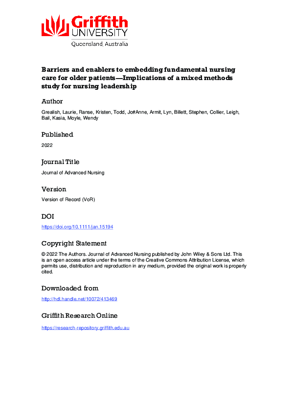(PDF) Barriers and enablers to embedding fundamental nursing care for ...