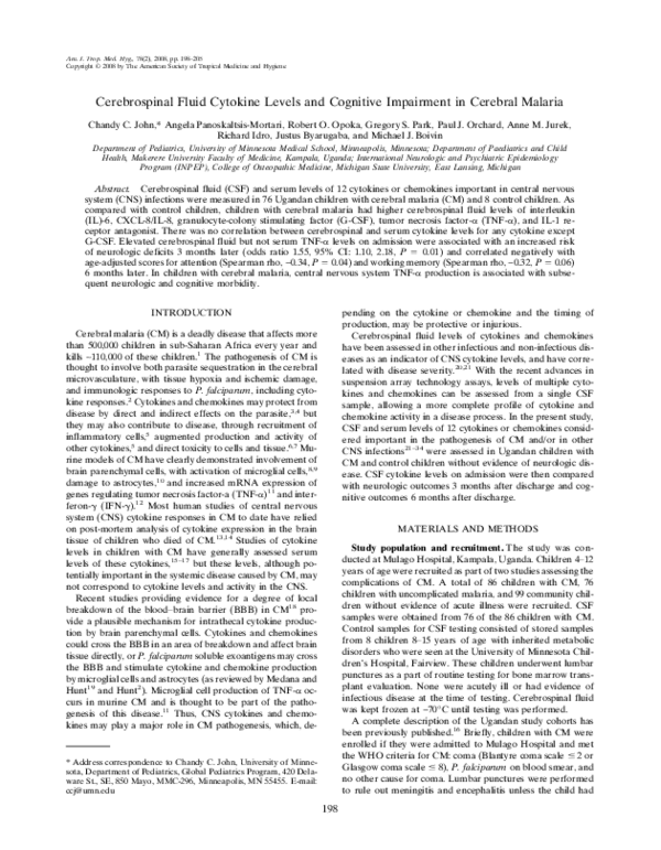 (PDF) Cerebrospinal Fluid Cytokine Levels and Cognitive Impairment in Cerebral Malaria | Michel ...