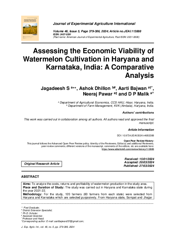 (PDF) Assessing the Economic Viability of Watermelon Cultivation in Haryana and Karnataka, India ...