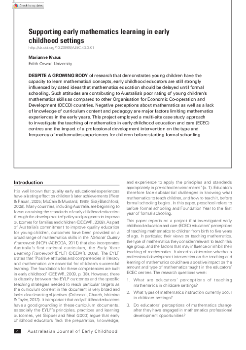 (PDF) Supporting Early Mathematics Learning in Early Childhood Settings