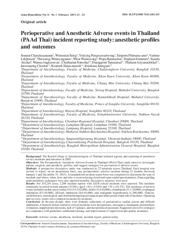 (PDF) Perioperative and Anesthetic Adverse Events in Thailand (PAAd ...