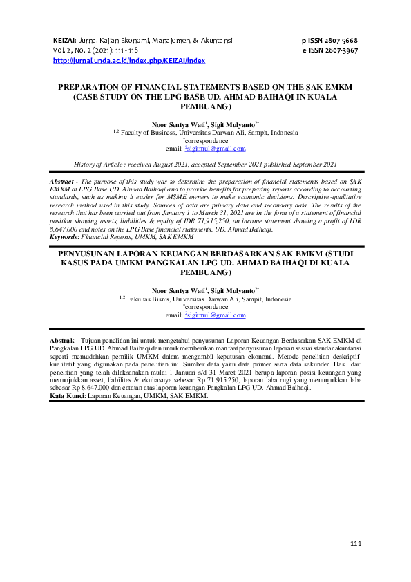 (PDF) Penyusunan Laporan Keuangan berdasarkan SAK EMKM (Studi Kasus pada UMKM Pangkalan LPG UD ...