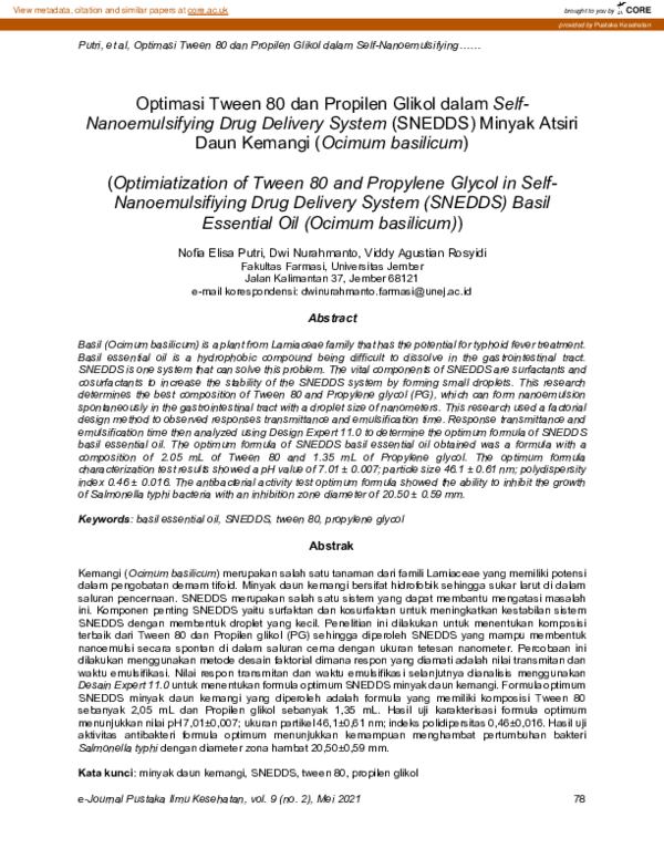 (PDF) Optimasi Tween 80 dan Propilen Glikol dalam Self-Nanoemulsifying Drug Delivery System ...