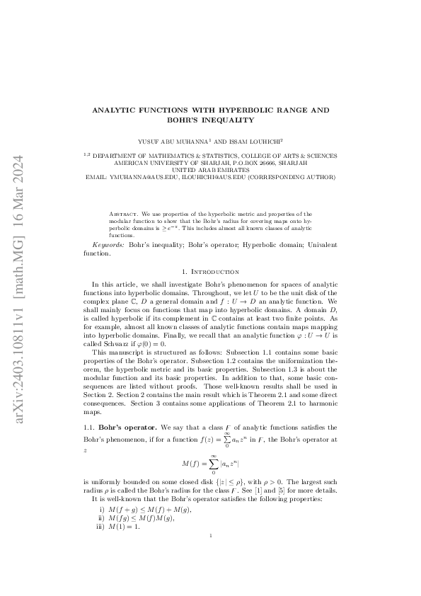 (PDF) Analytic functions with hyperbolic range and Bohr's inequality | Issam Louhichi - Academia.edu
