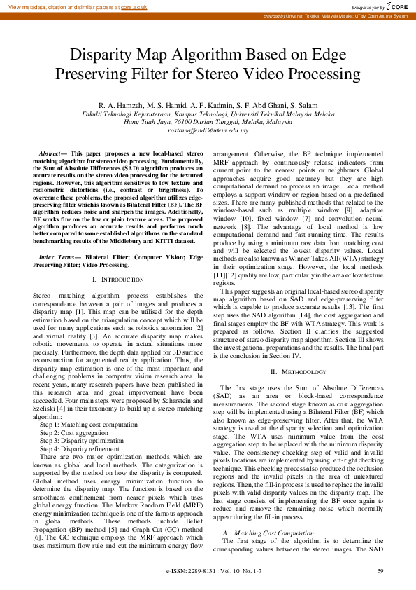 Pdf Disparity Map Algorithm Based On Edge Preserving Filter For Stereo Video Processing