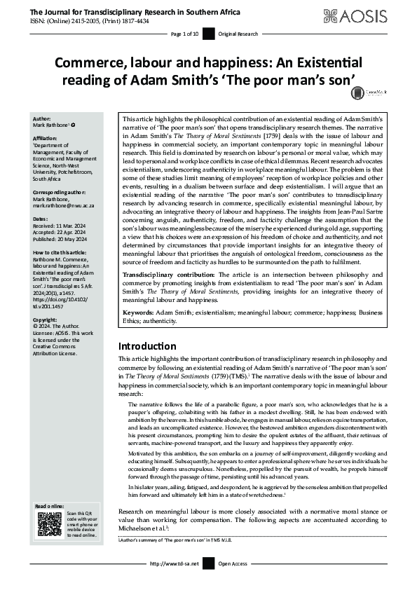 (PDF) Commerce, labour and happiness: An Existential reading of Adam ...