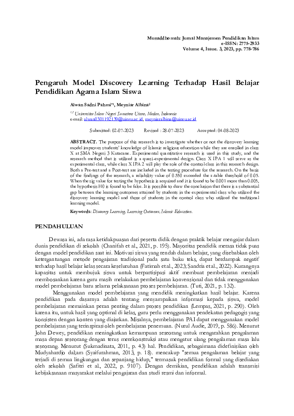 (PDF) Pengaruh Model Discovery Learning Terhadap Hasil Belajar Pendidikan Agama Islam Siswa