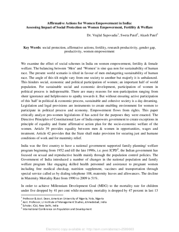 (PDF) Affirmative Actions for Women Empowerment in India: Assessing Impact of Social Protection ...