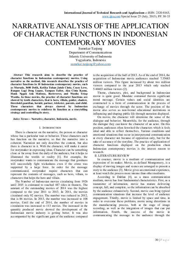(PDF) Narrative Analysis of the Application of Character Functions in Indonesian Contemporary Movies