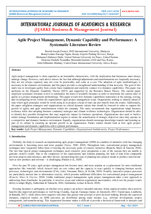 (PDF) Agile Project Management, Dynamic Capability and Performance: A Systematic Literature Review