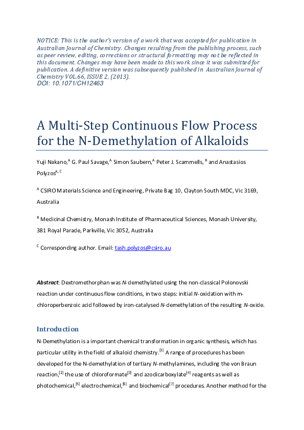 (PDF) A Multi-Step Continuous Flow Process for the N-Demethylation of Alkaloids