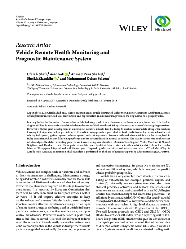 (PDF) Vehicle Remote Health Monitoring and Prognostic Maintenance System