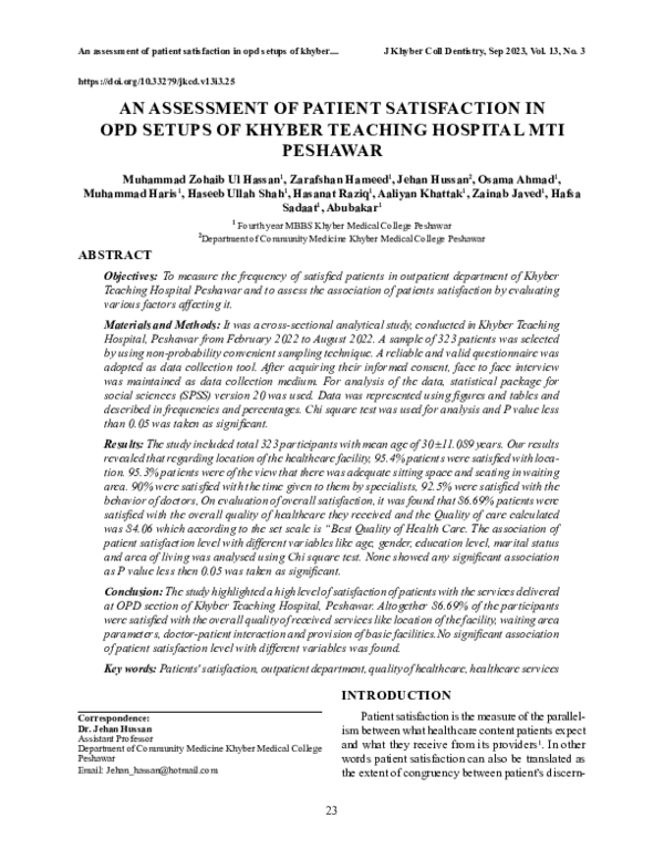 (PDF) An Assessment of Patient Satisfaction in Opd Setups of Khyber ...