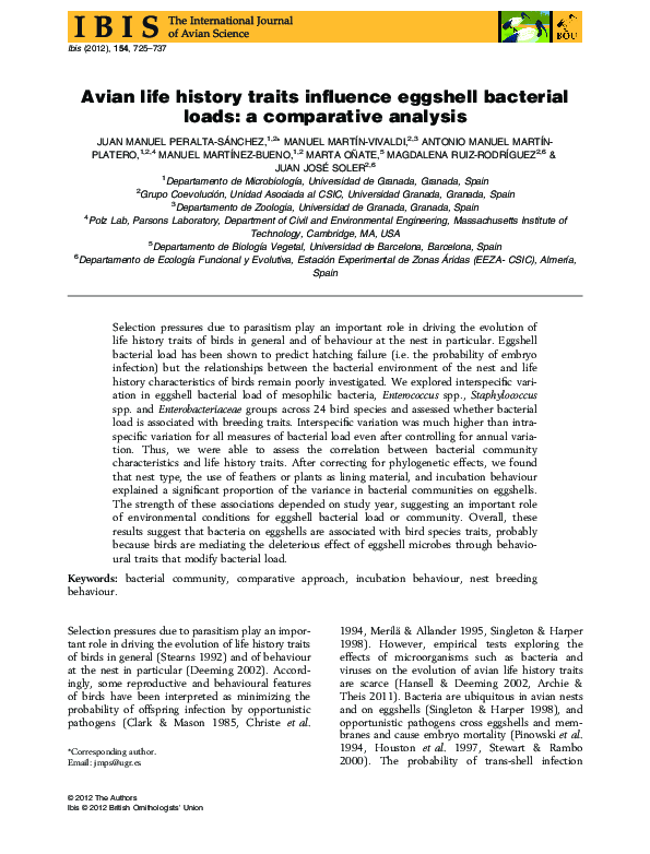 (PDF) Avian life history traits influence eggshell bacterial loads: a comparative analysis