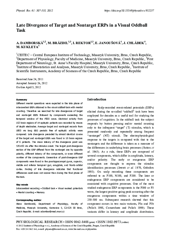 (PDF) Late Divergence of Target and Nontarget ERPs in a Visual Oddball Task | Milan Brázdil ...