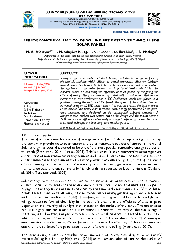 (PDF) PERFORMANCE EVALUATION OF SOILING MITIGATION TECHNIQUE FOR SOLAR PANELS