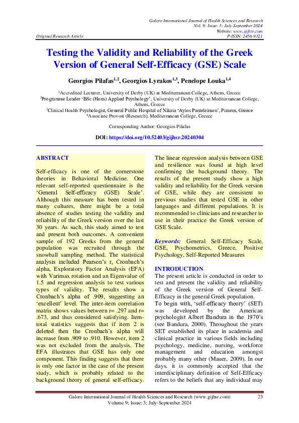 Pdf Testing The Validity And Reliability Of The Greek Version Of