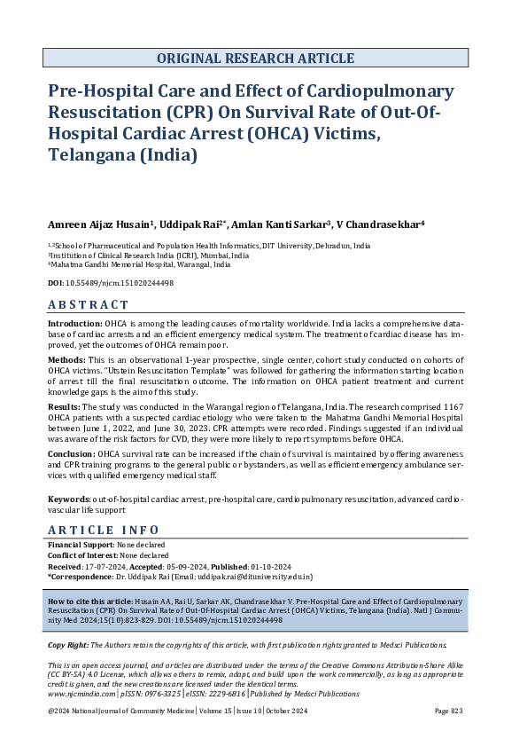 (PDF) Pre-Hospital Care and Effect of Cardiopulmonary Resuscitation (CPR) On Survival Rate of ...