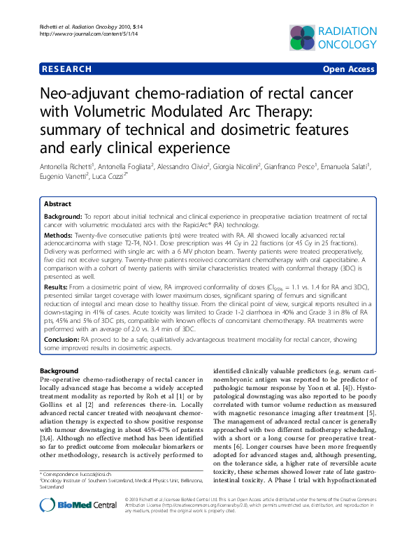 (PDF) Neo-adjuvant chemo-radiation of rectal cancer with Volumetric Modulated Arc Therapy ...