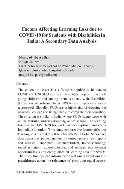 (PDF) Factors Affecting Learning Loss due to COVID-19 for Students with Disabilities in India: A ...