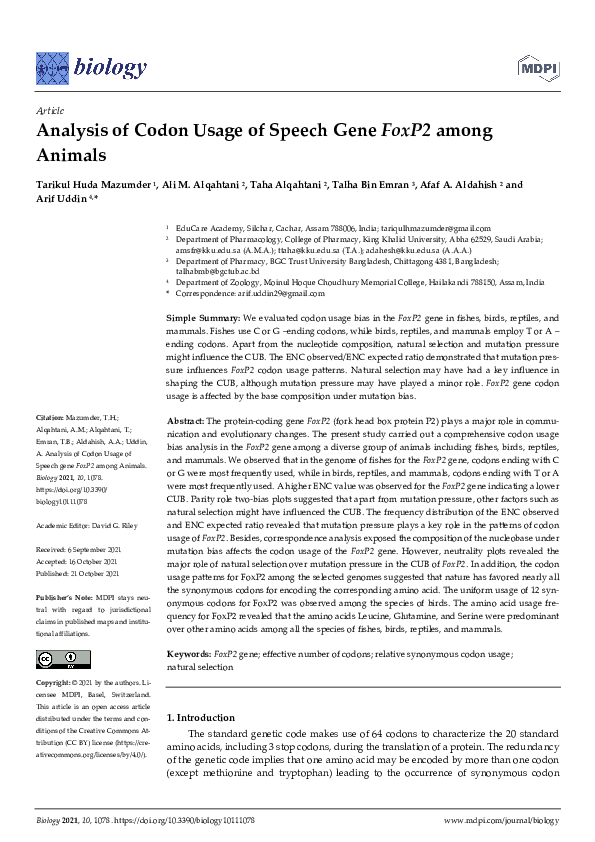 (PDF) Analysis of Codon Usage of Speech Gene FoxP2 among Animals | TARIKUL H MAZUMDER - Academia.edu