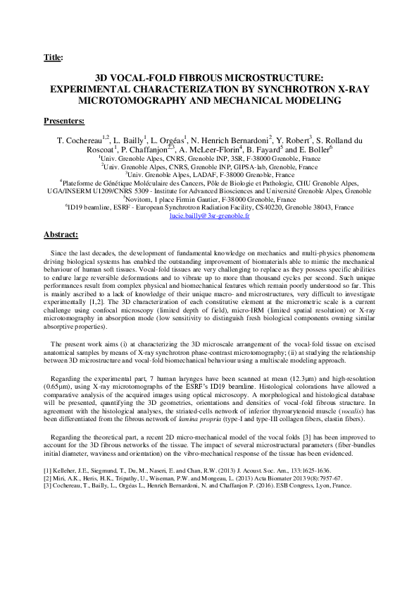 Pdf 3d Vocal Fold Fibrous Microstructure Experimental Characterization By Synchrotron X Ray