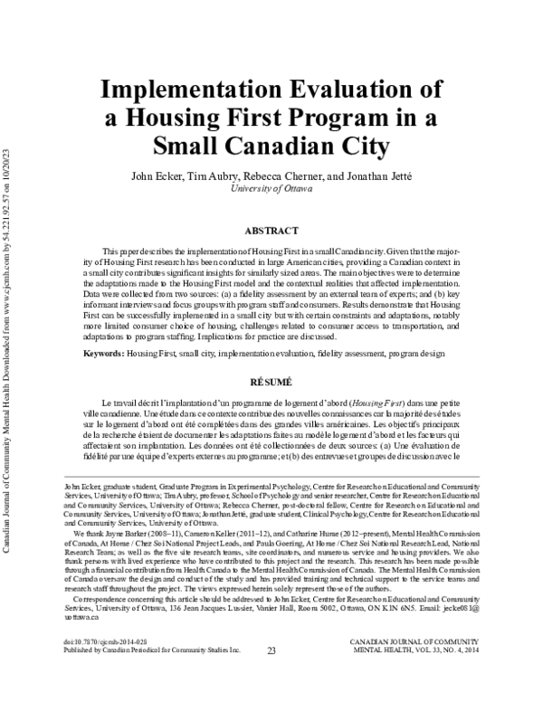 (PDF) Implementation Evaluation of a Housing First Program in a Small ...