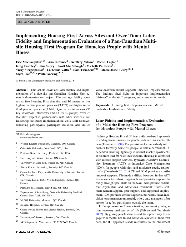 (PDF) Implementing Housing First Across Sites and Over Time: Later ...