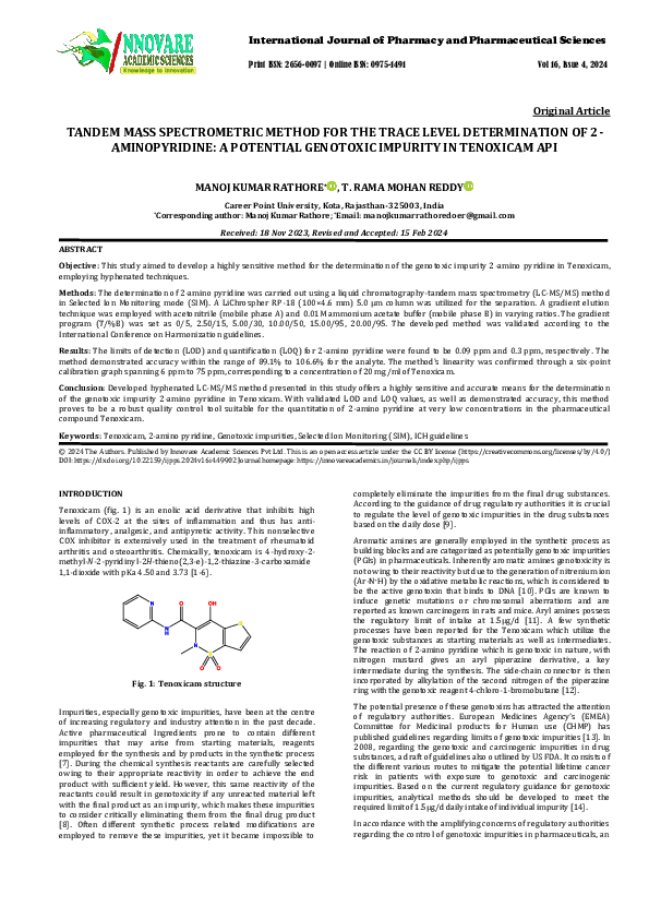 Pdf Tandem Mass Spectrometric Method For The Trace Level Determination Of 2 Aminopyridine A