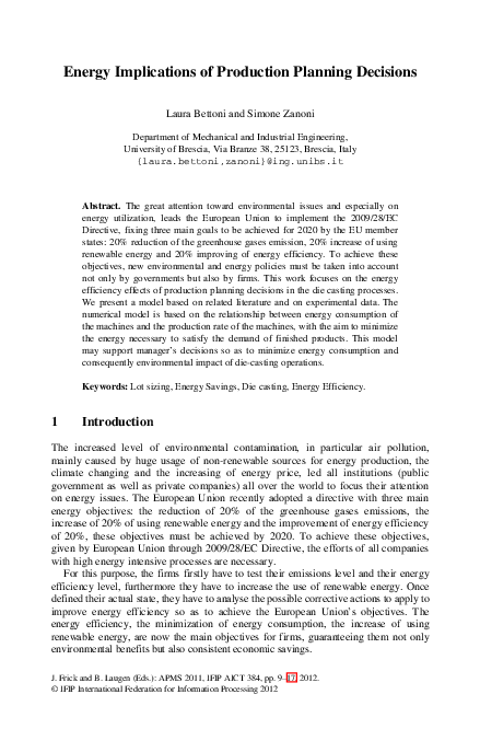 (PDF) Energy Implications of Production Planning Decisions
