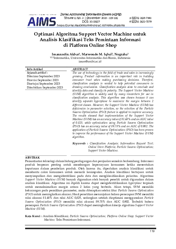 (PDF) Optimasi Algoritma Support Vector Machine untuk Analisis ...