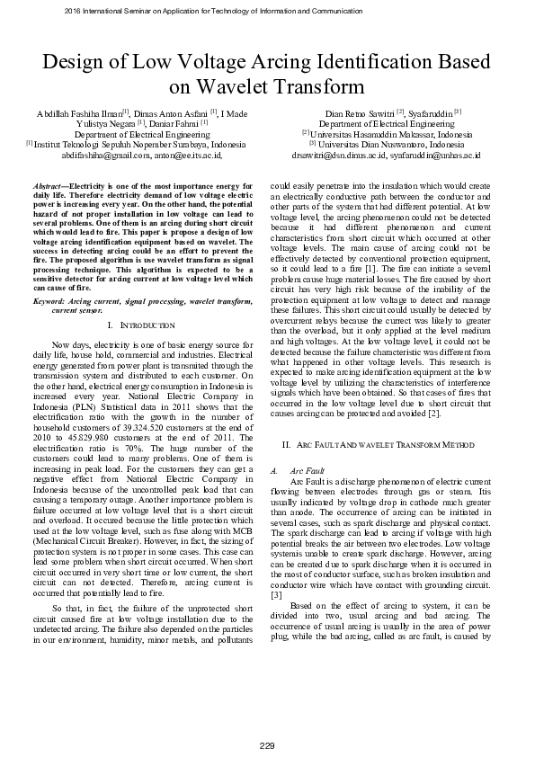 (PDF) Design of low voltage arcing identification based on wavelet transform