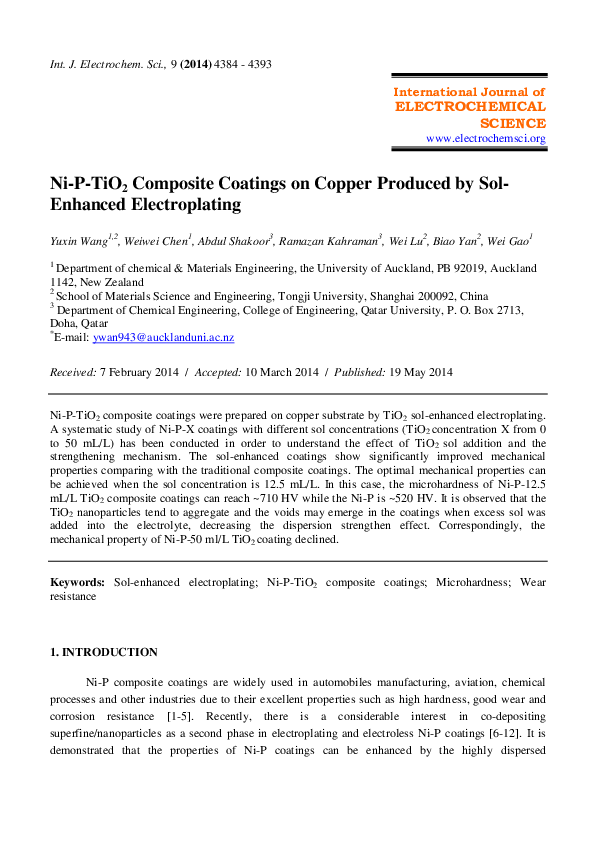 Pdf Ni P Tio2 Composite Coatings On Copper Produced By Sol Enhanced