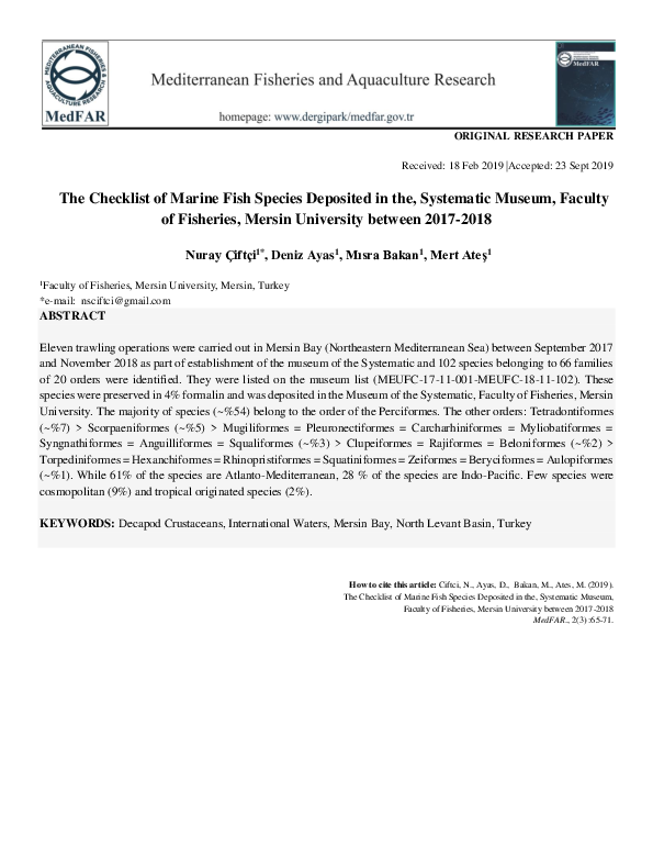 (PDF) The Checklist of Marine Fish Species Deposited in the, Systematic ...