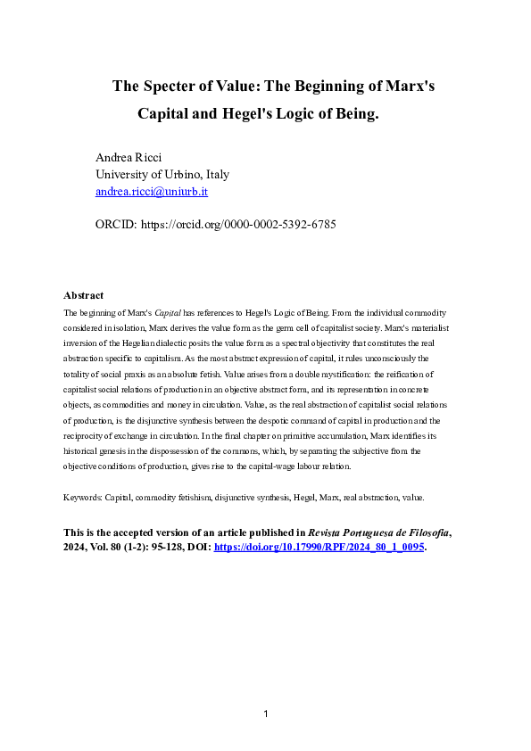 (PDF) The Specter of Value: The Beginning of Marx's Capital and Hegel's ...