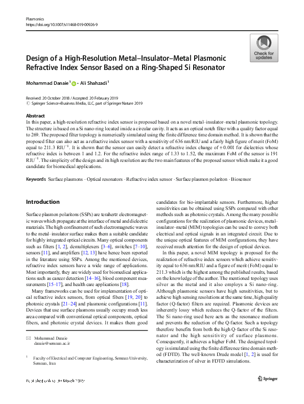 (PDF) Design of a High-Resolution Metal–Insulator–Metal Plasmonic Refractive Index Sensor Based ...